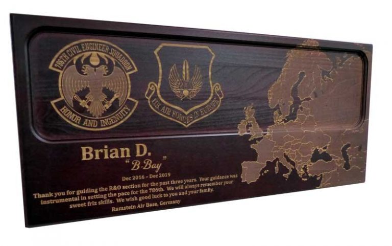 License Plate Plaque Dark & Light Wood | Trophy Center | Sandra & J.R ...